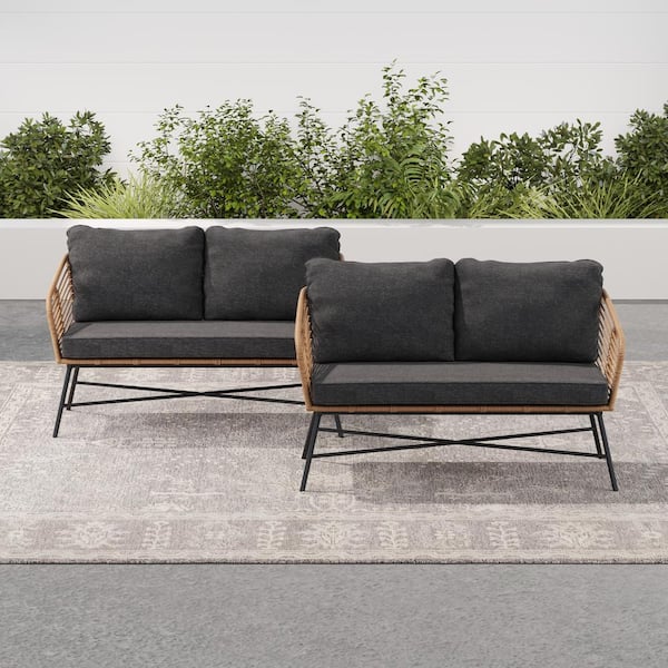 Nathan James Flow 2 Pack Aluminum Outdoor Loveseat for Porch or Patio Upholstered with Dark Gray Cushions Black Frame Wicker Accent 27902 2 The Home Depot