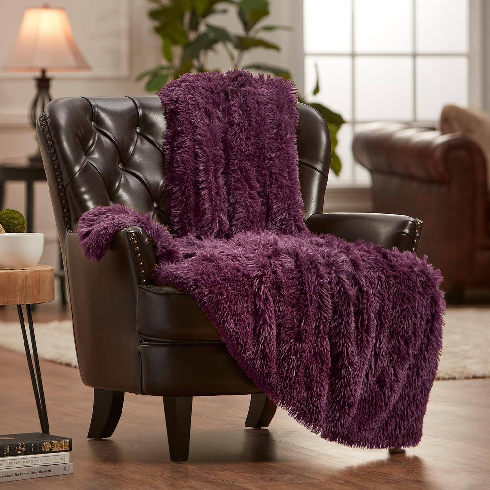 CHANASYA Solid Aubergine Shaggy Faux Long Fur Polyester Throw Blanket ...