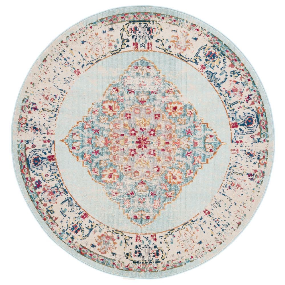 SAFAVIEH Monaco 7 ft. x 7 ft. Ivory/Turquoise Distressed Medallion ...