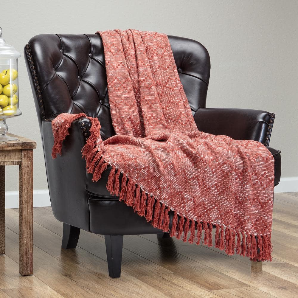 CHANASYA Rustic Rust Modern Diamond Cotton Throw Blanket with Tassels ...