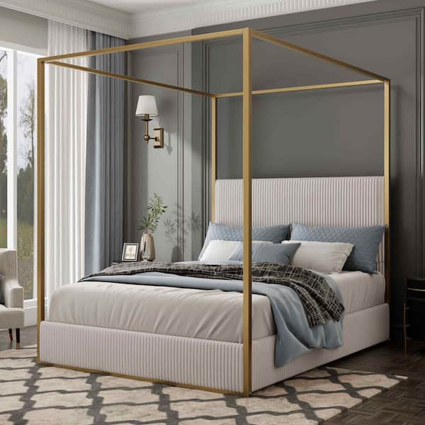 Polibi Beige/Gold Wood Frame King Canopy Bed with Tall Corduroy ...