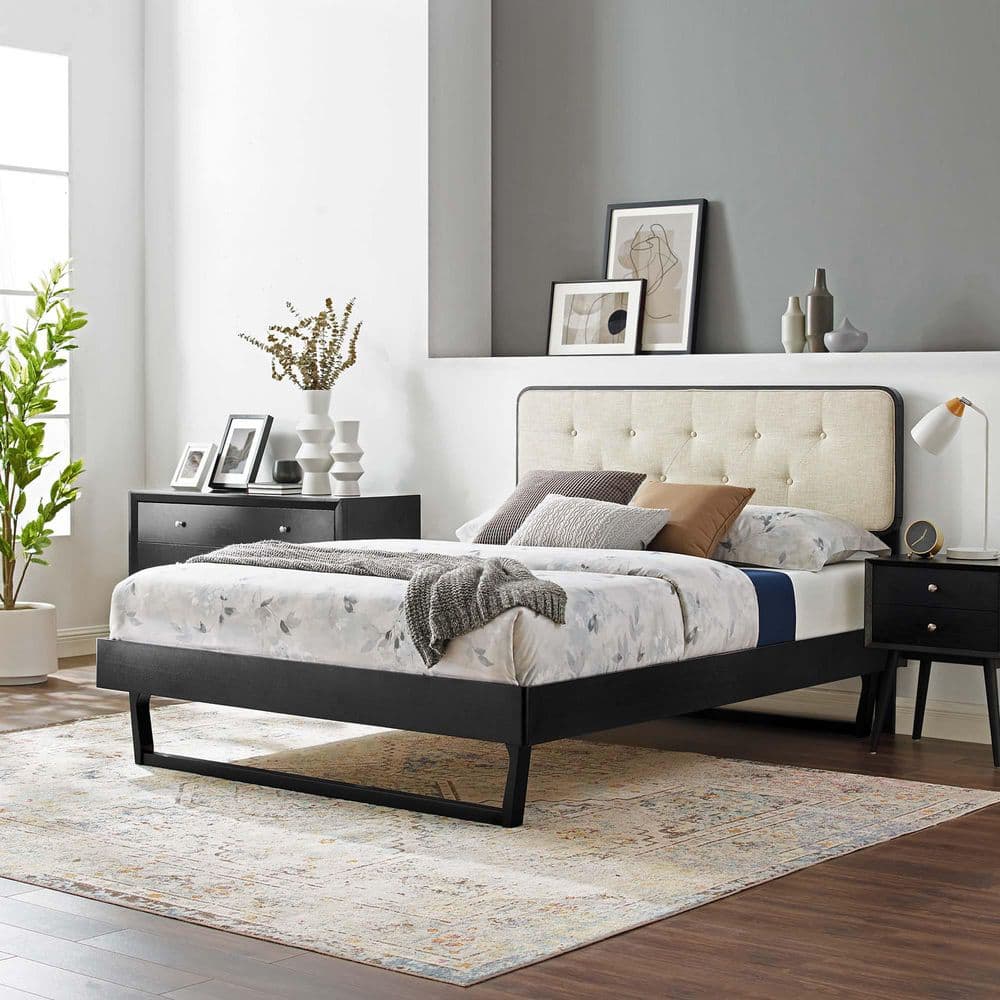 MODWAY Bridgette Beige Wood Frame Full Platform Bed with Angular Frame ...