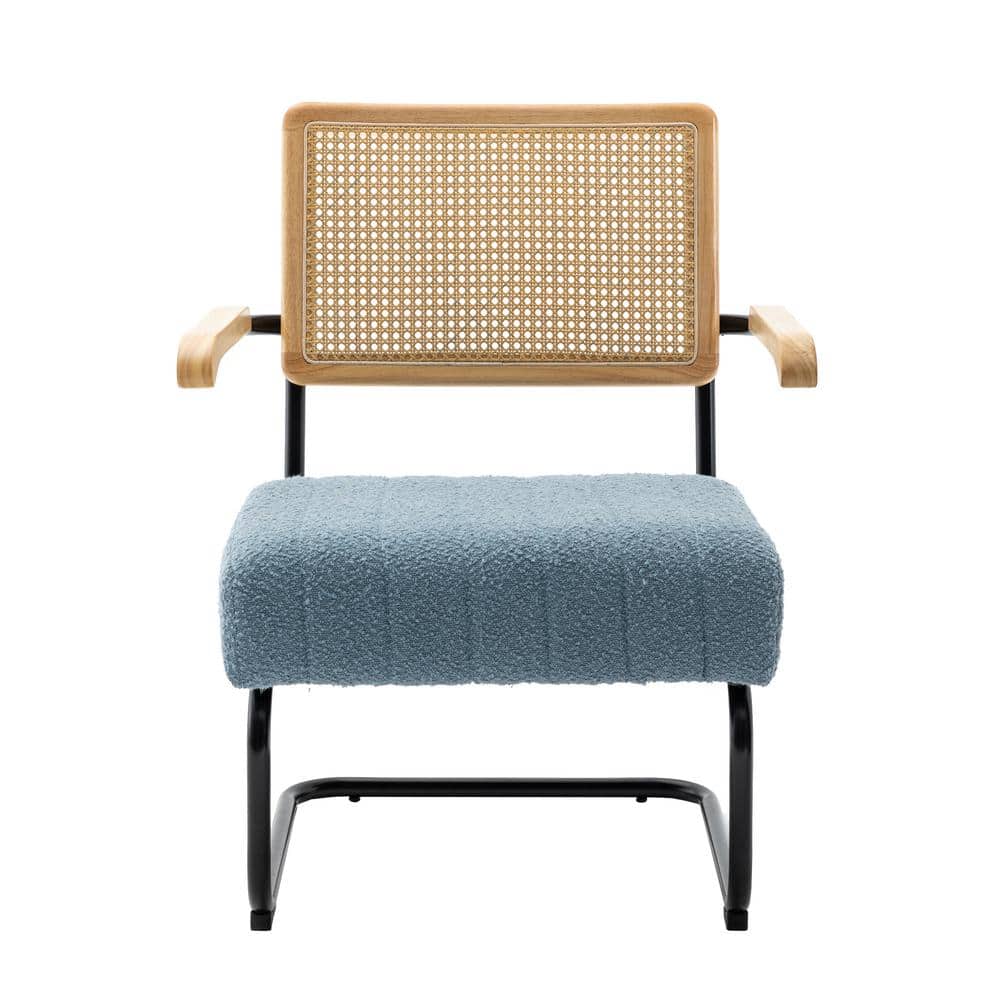 HOMEFUN Mid-Century Rattan Backrest Light Blue Boucle Fabric Seat ...