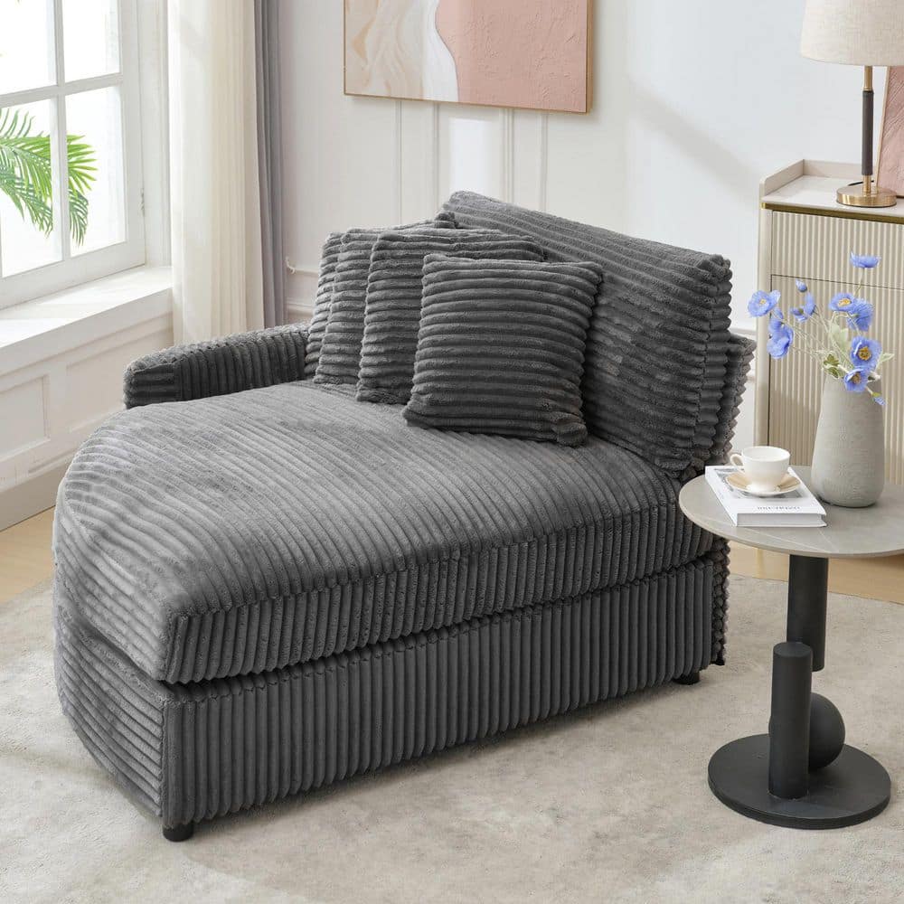JEAREY Dark Grey Corduroy Upholstered Velvet Left Side Chaise Lounge ...