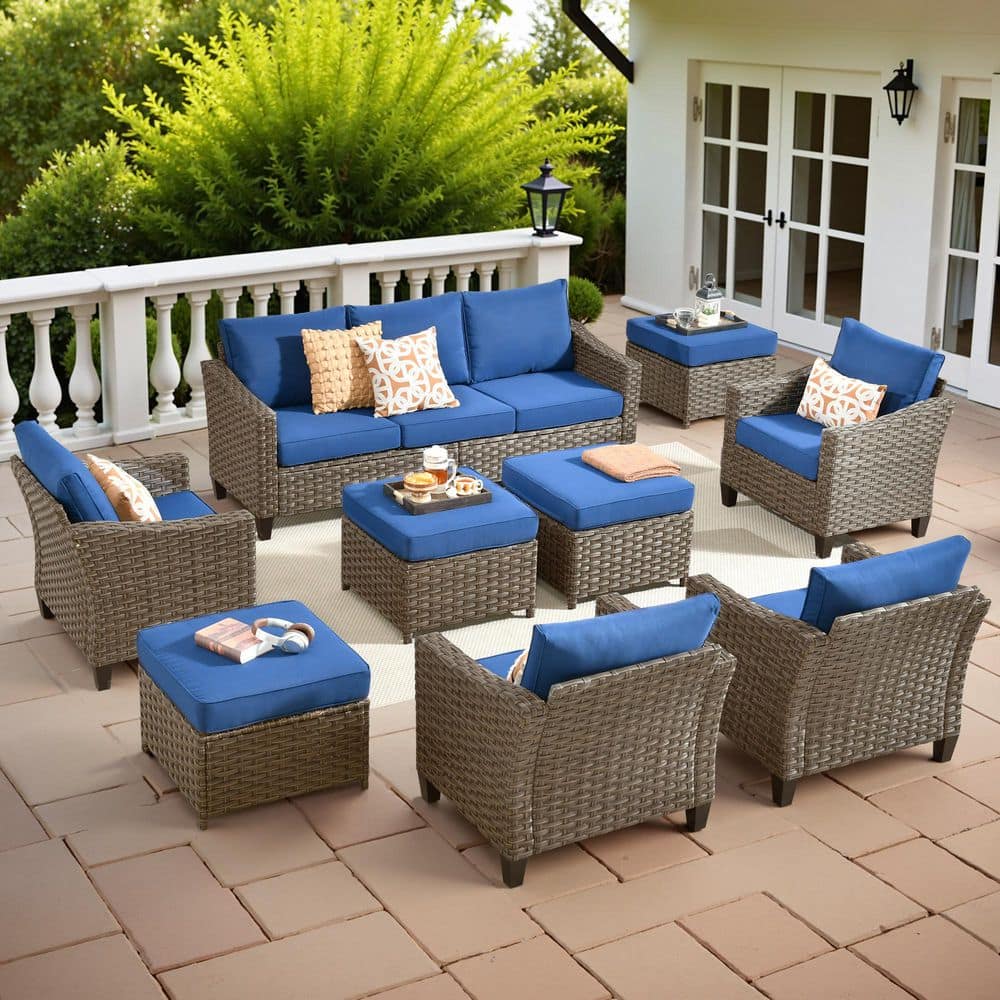 OVIOS Naturno Gray 9-Piece Wicker Patio Conversation Set with Navy Blue ...