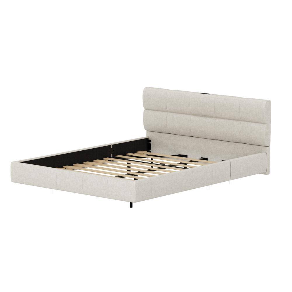 FUFU&GAGA Beige Wood and Steel Frame Queen Size Panel Bed, Platform Bed ...