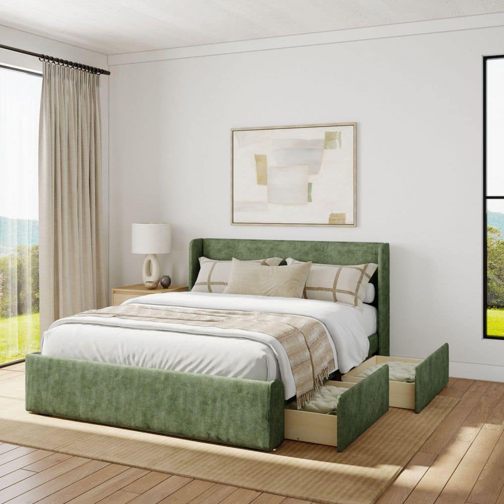 PLANK+BEAM Green Upholstered Frame Queen Panel Bed with Storage Drawers ...