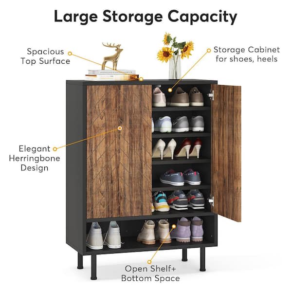 BYBLIGHT 43 in. H x 28 in. W Black MDF Shoe Storage Cabinet with Doors 6 Tier Modern Storage Shelves 18 Pair for Entryway Hallway