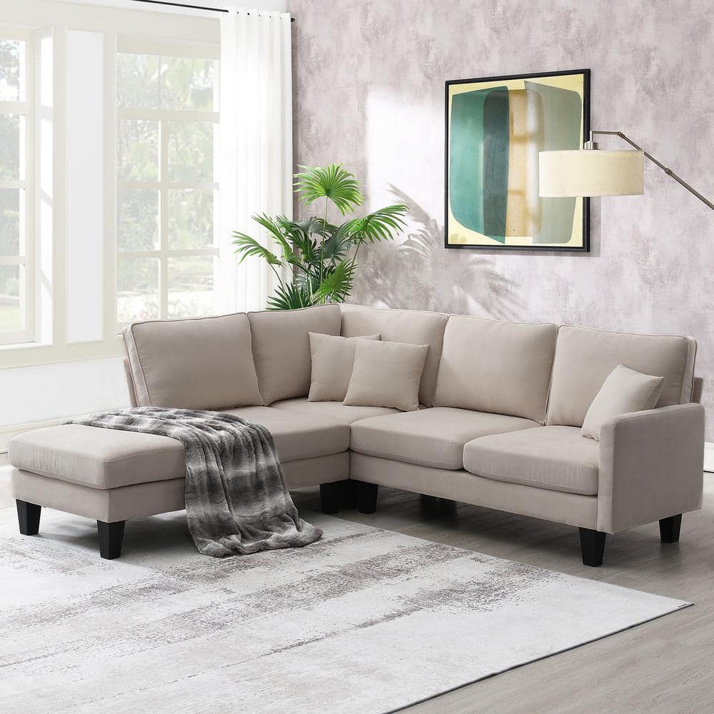 sumyeg 90 in. L-Shaped Convertible Polyester Sectional Sofa in Beige ...