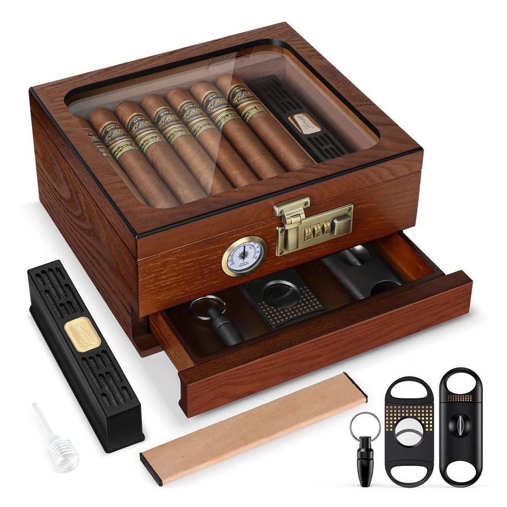 10.28 in. W x 5.79 in. H Brown Cedar Wood Cigar Humidor with Glass Top ...