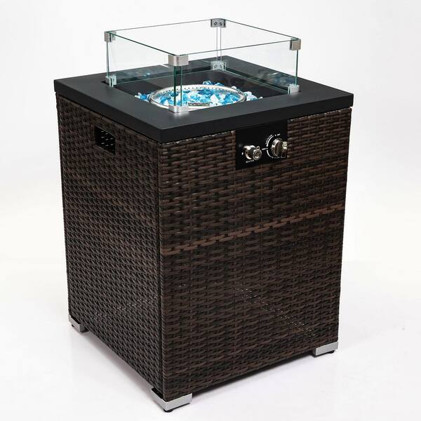 22 in. Dark Brown Square Wicker Fire Pit 50000 BTU Outdoor Propane Fire ...