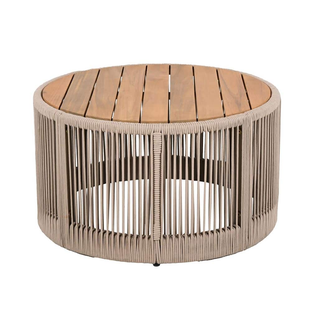Zeus & Ruta Teak and Beige Rectangular Wood and Rope Outdoor Coffee ...