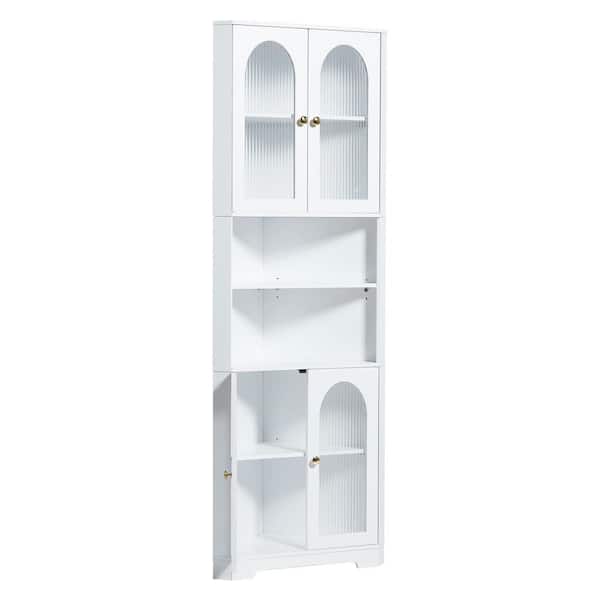 Tileon White Tall Corner Cabinet with Glass Doors & Led, Storage ...