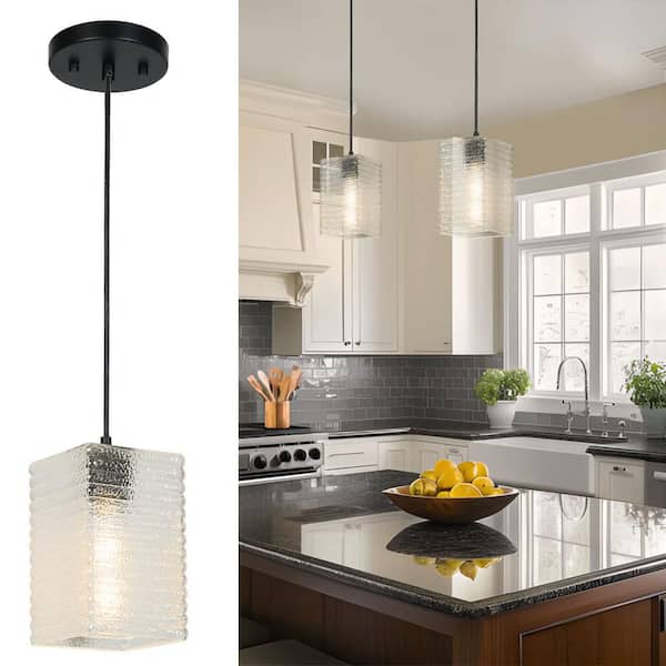Zevni Modern 1-Light Matte Black Pendant Light with Textured Glass ...