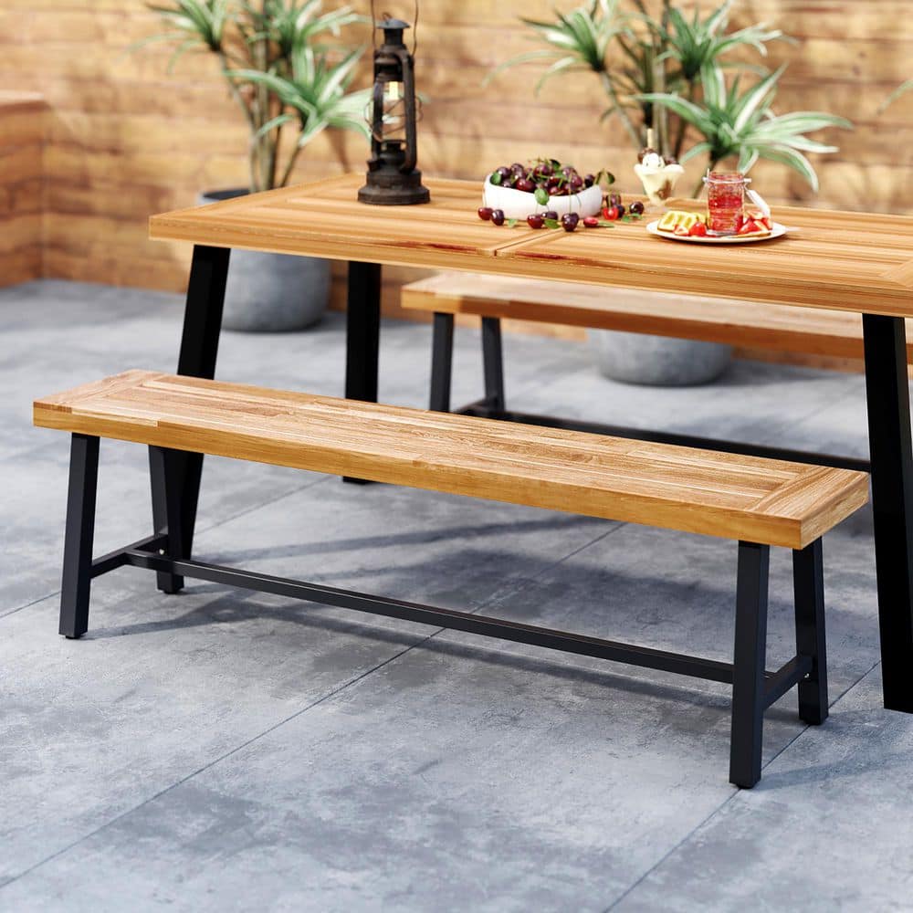 Gymax 2-Piece 63 in. Long Outdoor Acacia Wood Bench Seats up to 3 ...