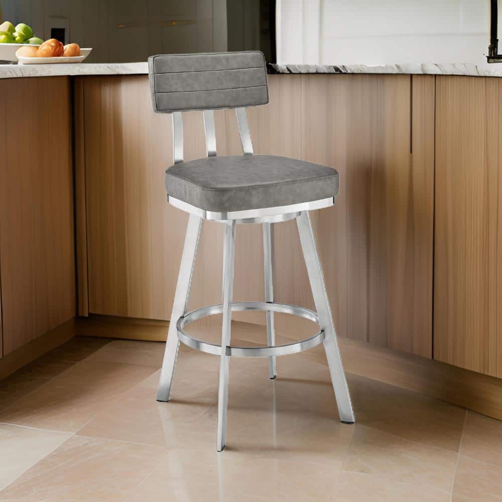 Benjara 30 in. Gray and Chrome Low Back Metal Frame Bar Stool with Faux ...