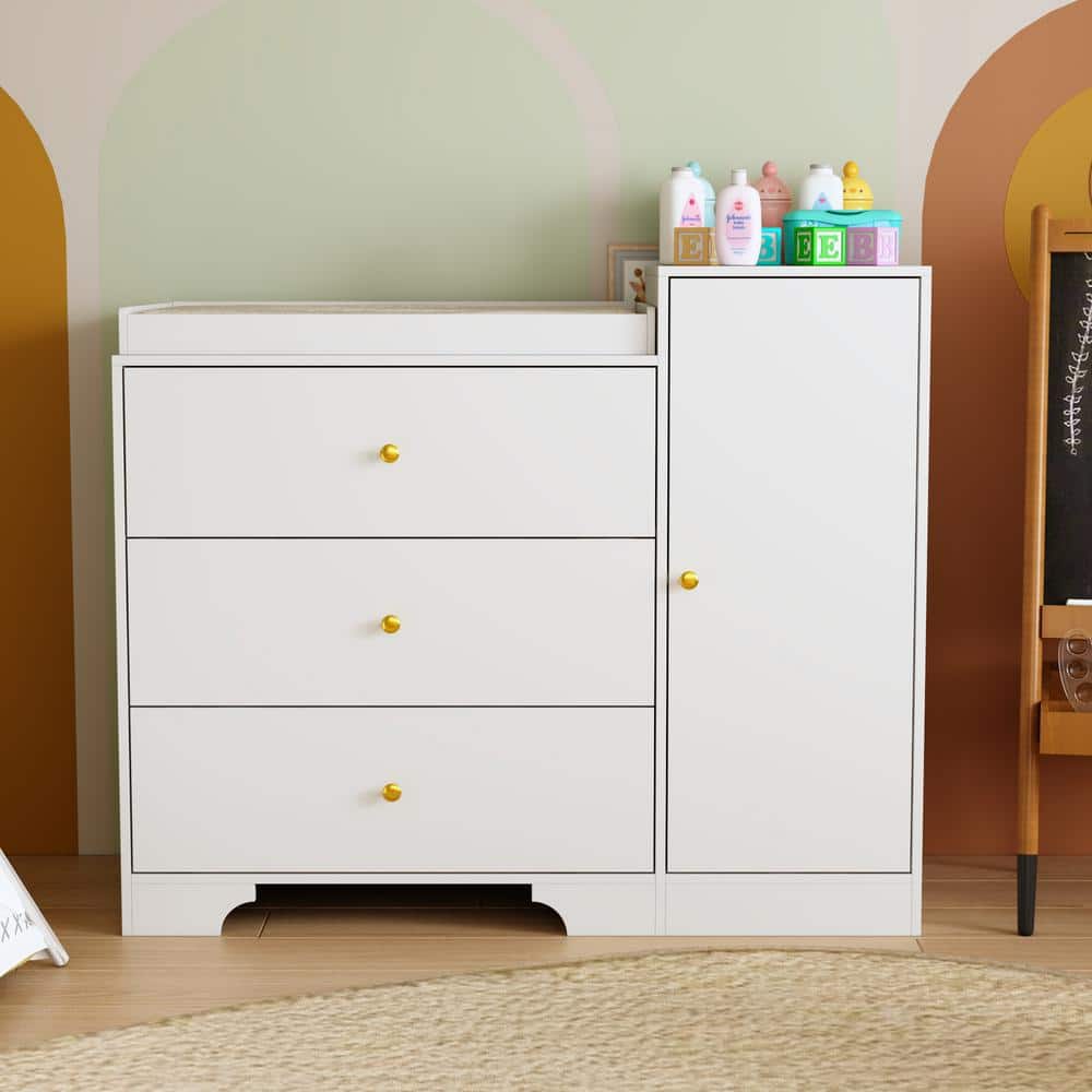 FUFU&GAGA White 3-Drawer 47.2 in. Width Wooden Kids Low Dresser ...