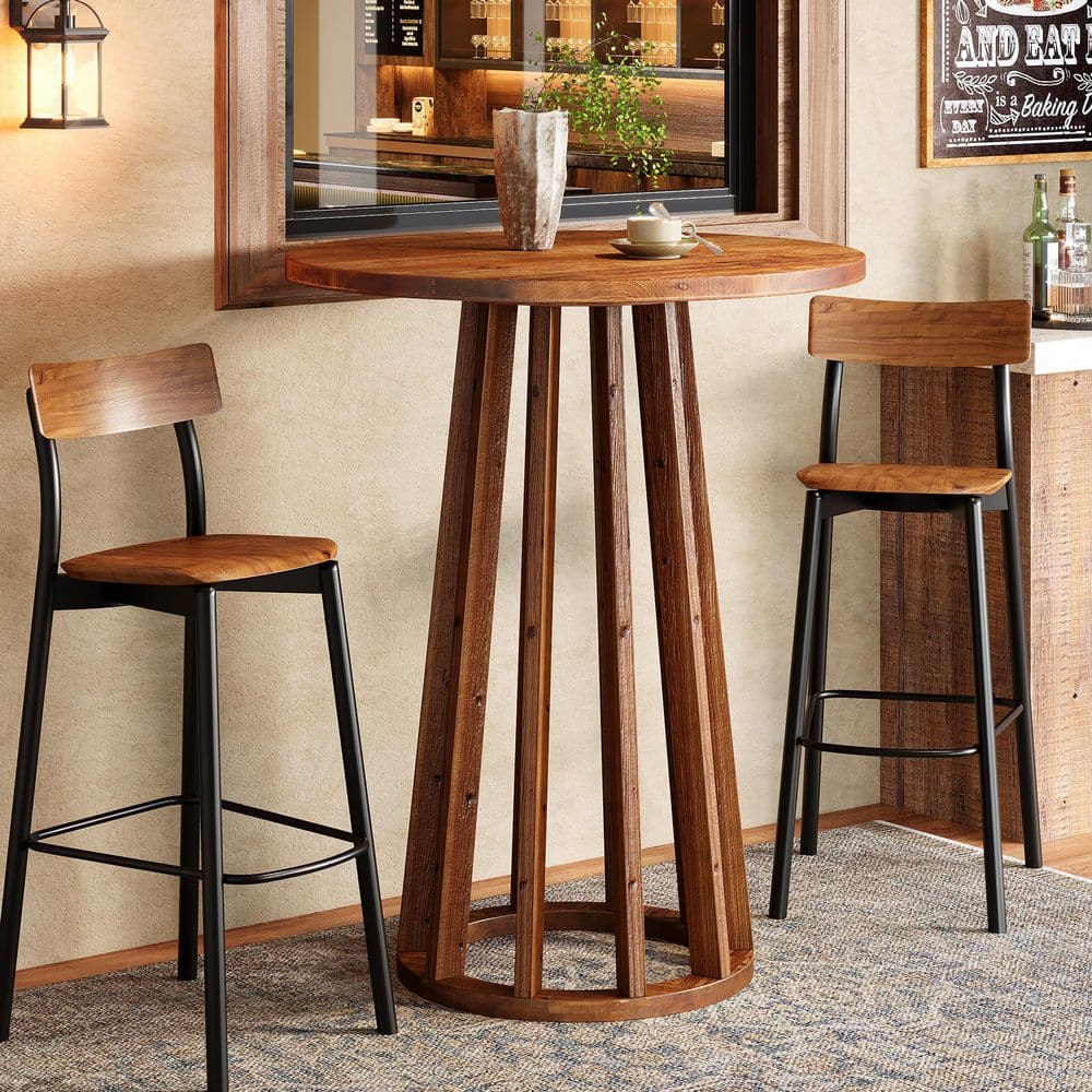 BYBLIGHT Kearsten 37.6 in. H Brown Round Wood Bar Table Seats 4 ...