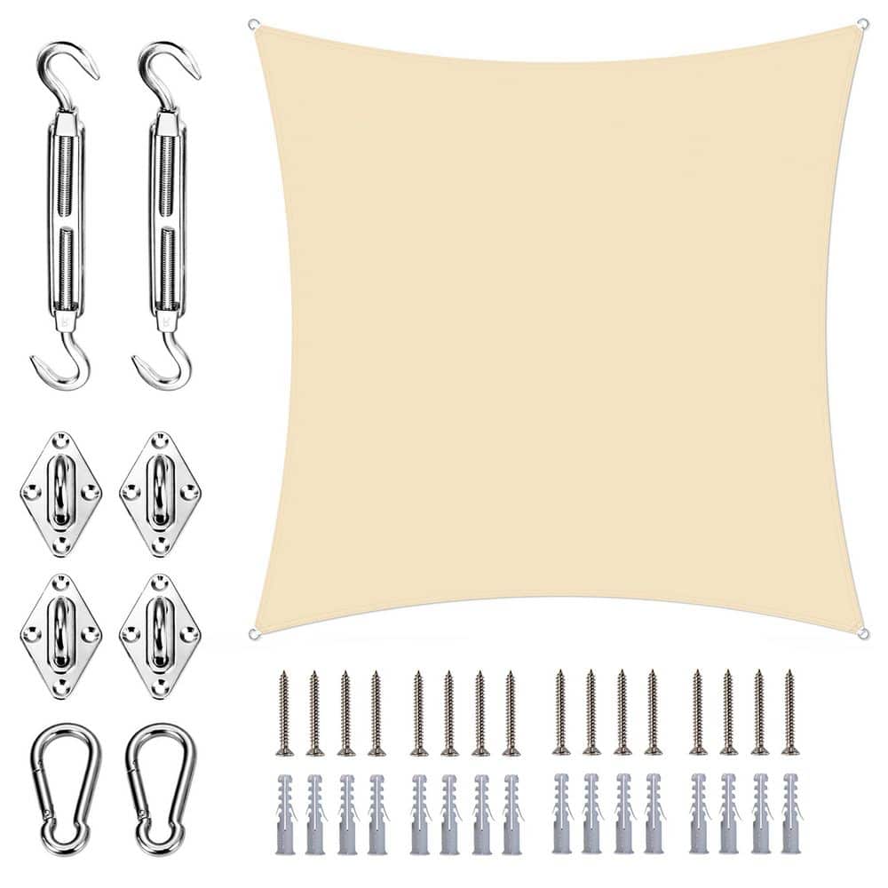 ROYAL SHADE 14 ft. x 14 ft. Sqaure Waterproof Shade Sail with Hardware Kit-Beige RSK-TADS14-3 ...