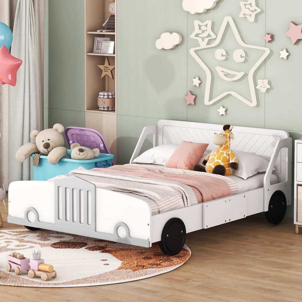 White Wood Frame Full Size Car Shaped Platform Bed with Wheels Headboard Guardrails