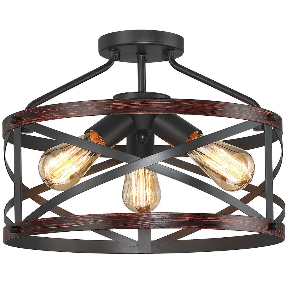 TRUE FINE Richwood 15 in. 3-Light Distressed Black/Wood Tone Rustic ...