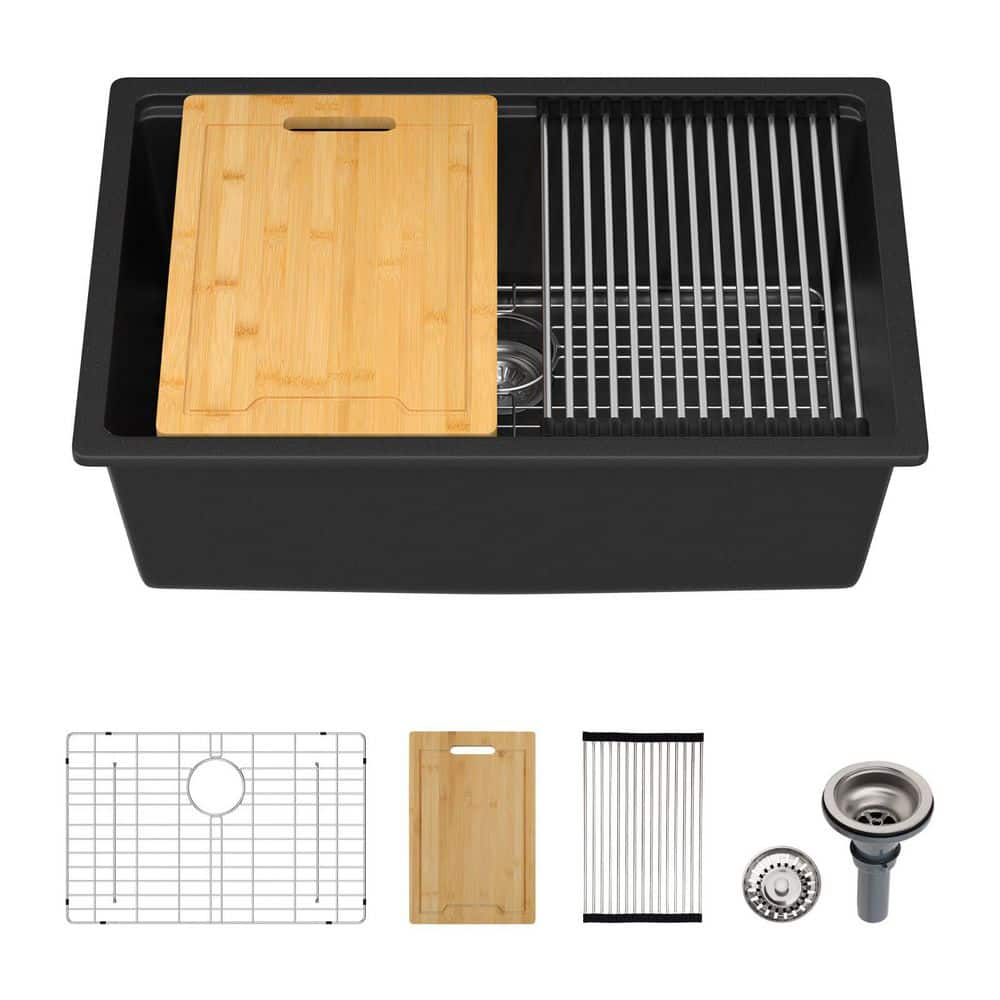 Kichae 28 in. Undermount Deep Single Bowl Workstation Sink Black Quartz ...