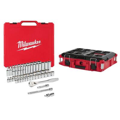 Milwaukee 3/8 in. Drive SAE Ratchet and Socket Mechanics Tool Set with 3/8 in. Drive 90-Tooth 12 ...