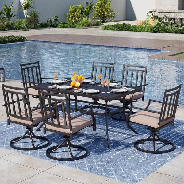 PHI VILLA 7-Piece Metal Rectangular Outdoor Dining Set with Beige ...