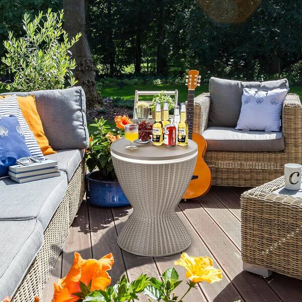 3 in 1 8 Gallon Patio Rattan Cooler Bar Table with Adjust Ice Bucket Brown