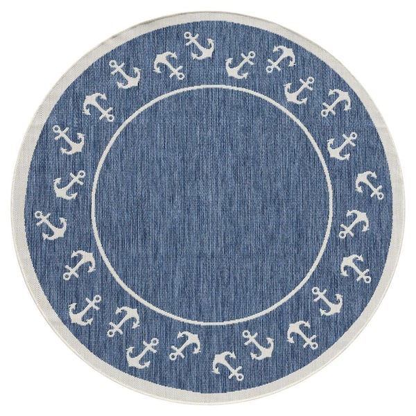 Navy Blue/White 5 ft. 3 in. Round Naira Nautical Anchor Bordered ...