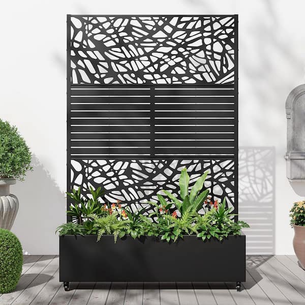 Dovelina 73 in. Black 3-Panel Metal Iron Planter Box with Attached ...