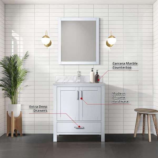 Lexora Jacques 30 in. W x 22 in. D White Bath Vanity and 28 in. Mirror without Top LJ342230SA00M28