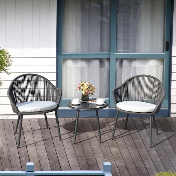 Avestar Dark Gray 3 Piece Metal Outdoor Bistro Set Patio Conversation Seating Set with White Cushion SRD011 01