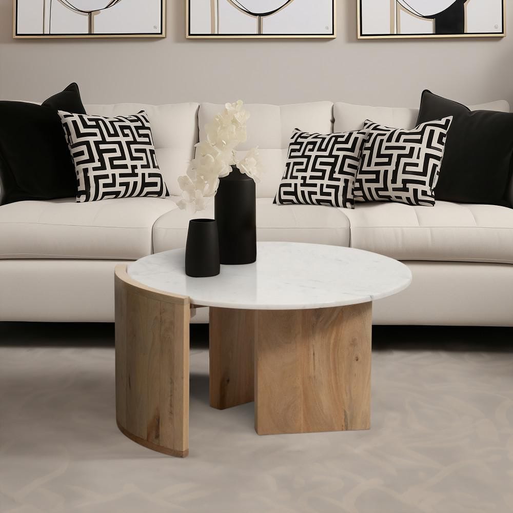 Liv & Skye White/Brown 32 in. Round Marble Top Mango Coffee Table 18355 ...