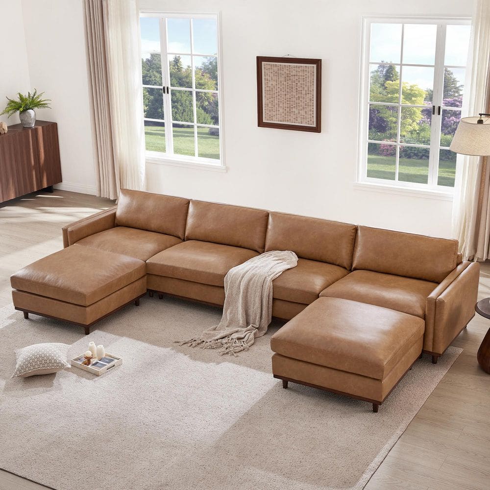 Spruce & Spring Rowan 153 in. Square Arm 6-Piece Faux Leather Rectangle Modular Sofa in Camel/6 ...