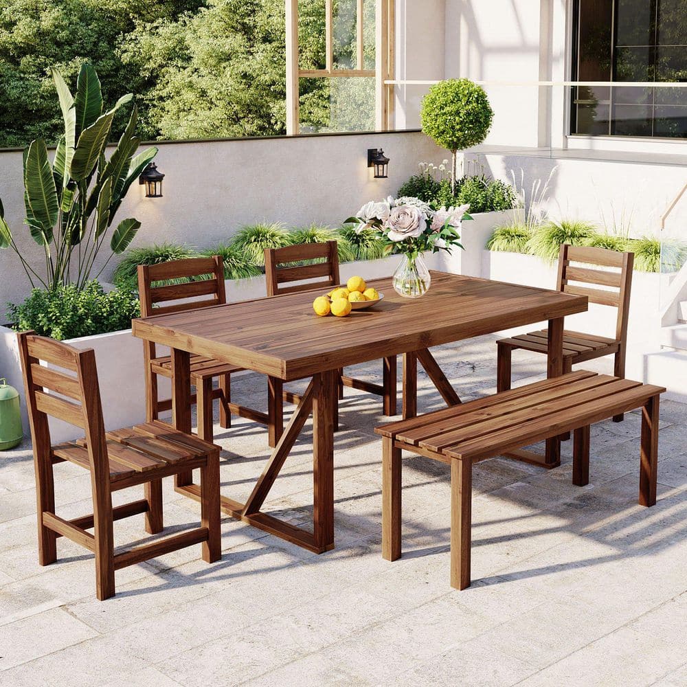 Polibi 6-Piece Wood Outdoor Dining Set with Rectangle Table, 4-Chairs ...
