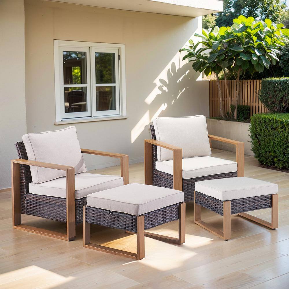Gymojoy 4-Piece Brown Wicker Outdoor Lounge Chair with Ottomans with ...