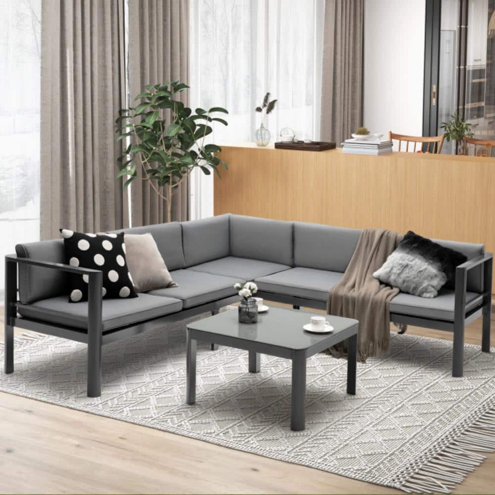Kadehome 3-Piece Aluminum Outdoor Sectional Set with Gray Cushions MO ...