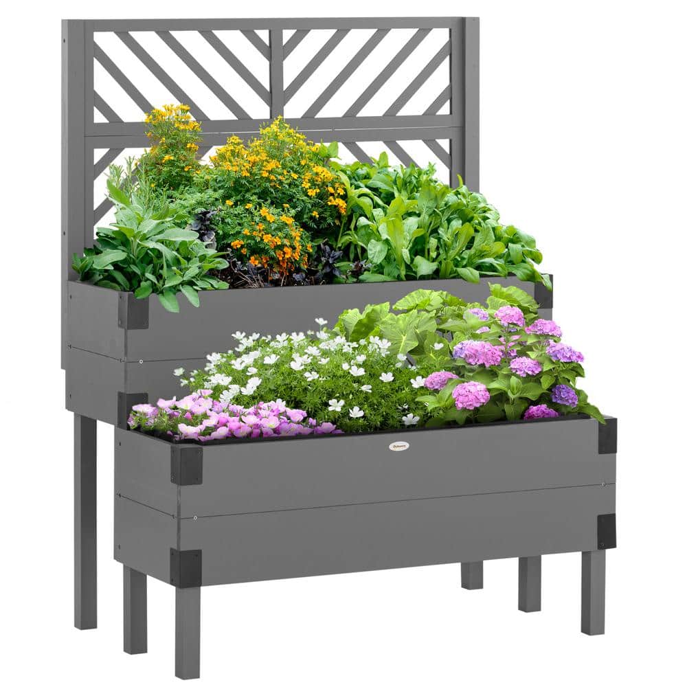2-Tier Raised Garden Bed with Trellis, Wooden Elevated Planter Box with ...
