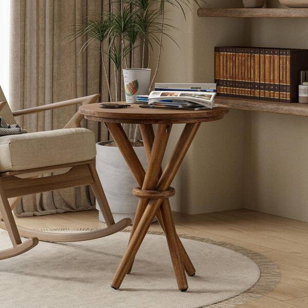 FUIN Farmhouse 16.93 in. Walnut Round Wood End Table with Bundled Legs ...
