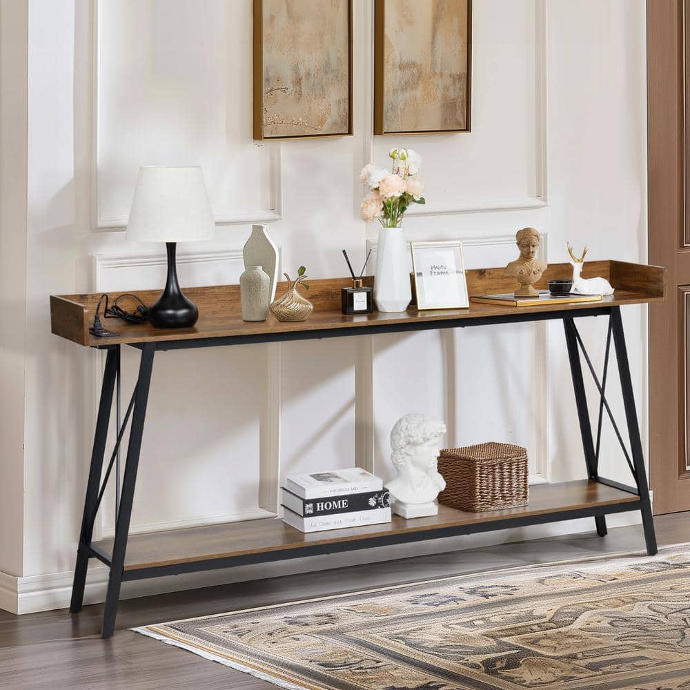 Karl home 70.9 in. Extra Long Rustic Brown Rectangle MDF Console Table ...
