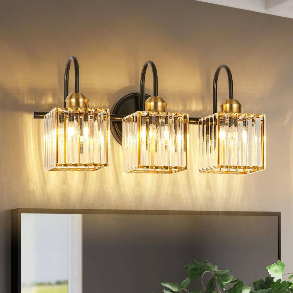 Rennnsan Arras 19.69 in. W 3-Light Black and Antique Brass Vanity Light with Square Crystal ...