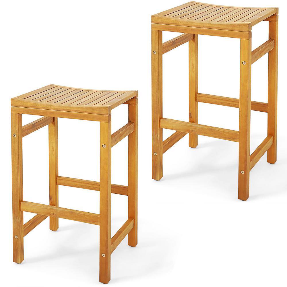 Gymax Set of 2 Acacia Wood Bar Stool 30-Inch Height Bar Chair with ...