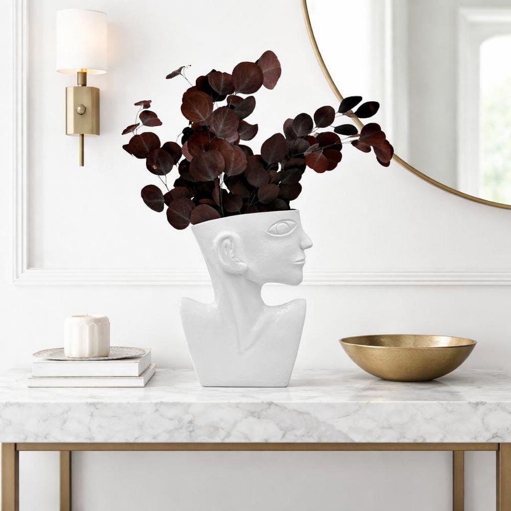 castellousa 14.5 in. Decorative Metal Abstract Face Vase in White CB ...