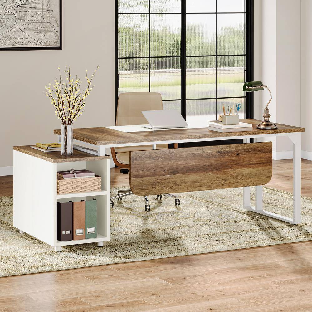 BYBLIGHT Moronia 74.8 in. Rectangular Brown and White 3-Drawer Computer ...