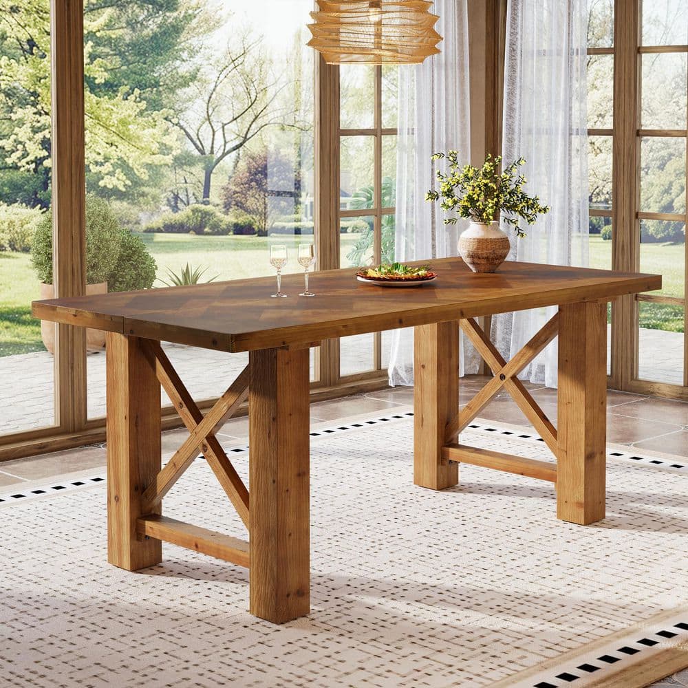 BYBLIGHT Roesler Brown Solid Wood Dining Table with X-Shaped Double ...