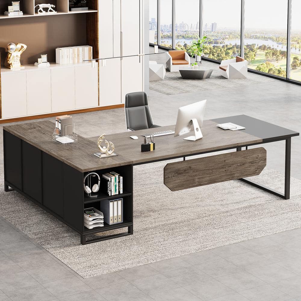 BYBLIGHT Capen 70.8 in. L Shaped Gray and Black Wood Executive Desk ...