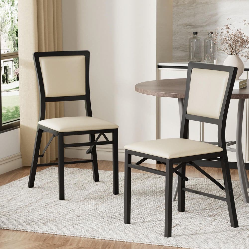 VECELO Foldable Dining Chairs Set of 2, Beige Padded Chairs with Metal ...