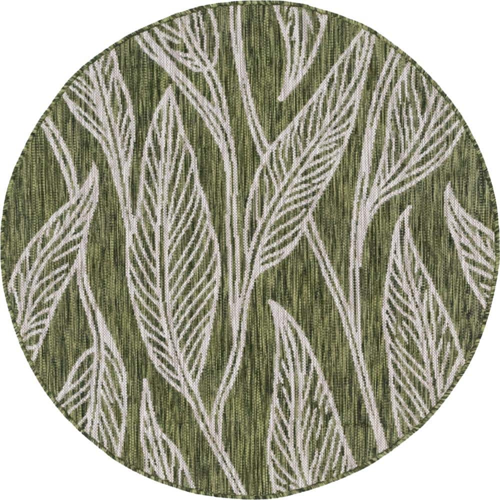 Unique Loom Outdoor Leaf Green 4 ft. Round Area Rug 3144976 - The Home ...