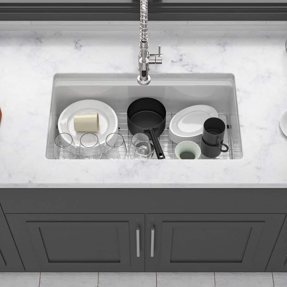 Dueyeeri 33 in. Undermount Single Bowl White Ceramic Kitchen Sink with ...